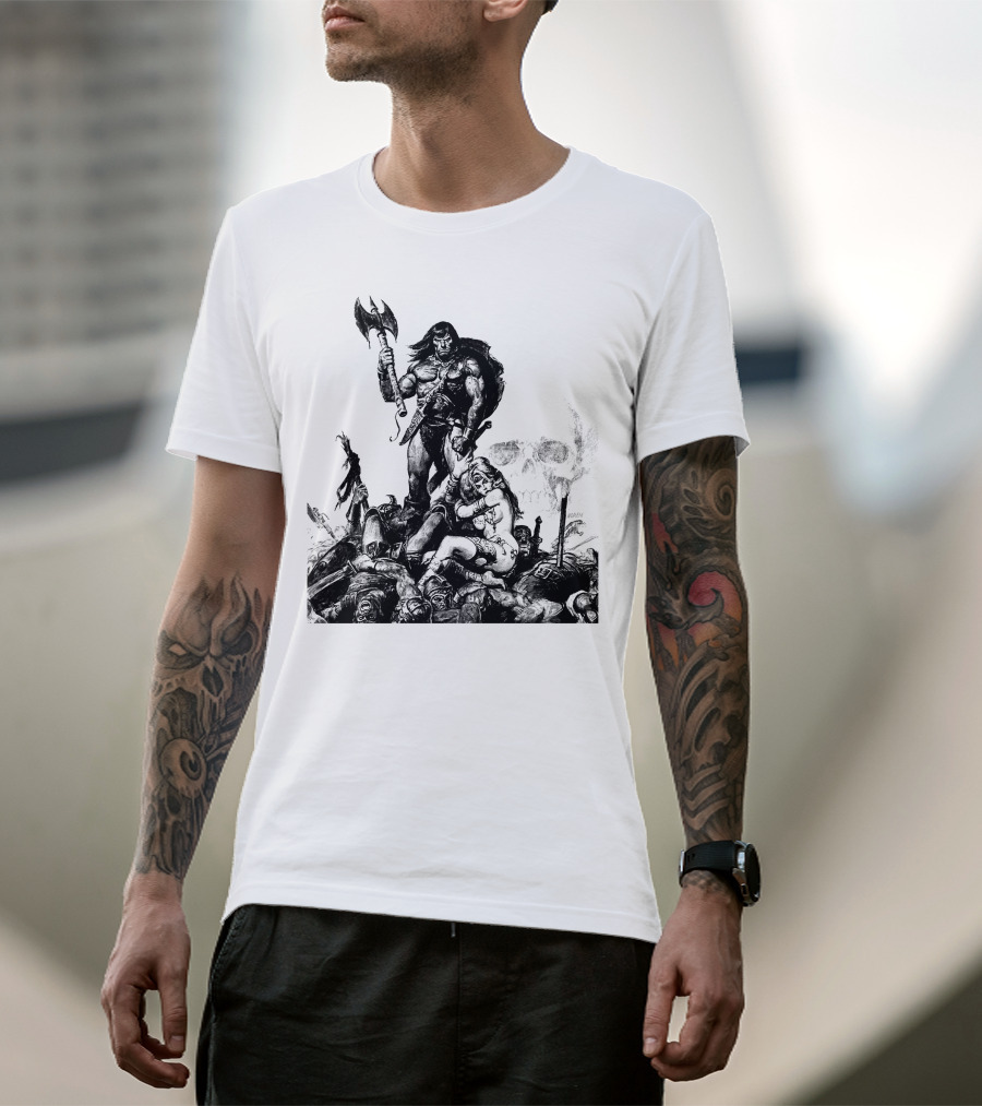 Conan Barbarian Warrior Standing On Battlefield With Axe And Skull In Background T-Shirt