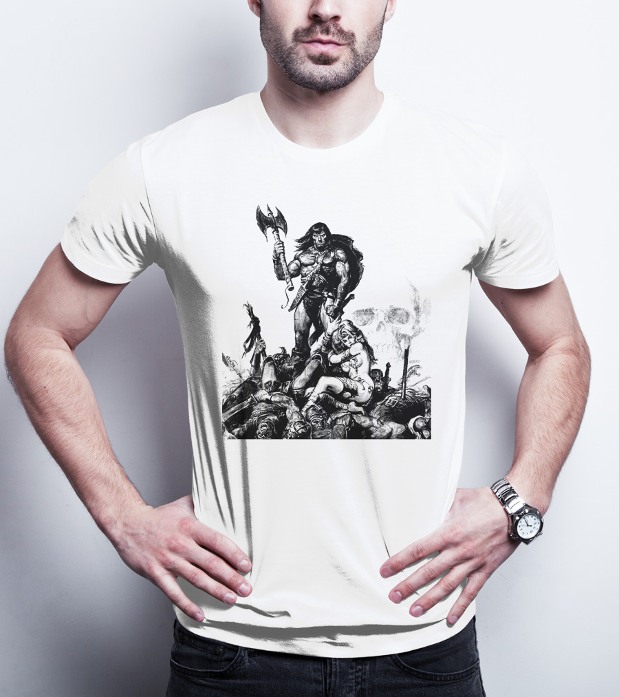Conan Barbarian Warrior Standing On Battlefield With Axe And Skull In Background T-Shirt