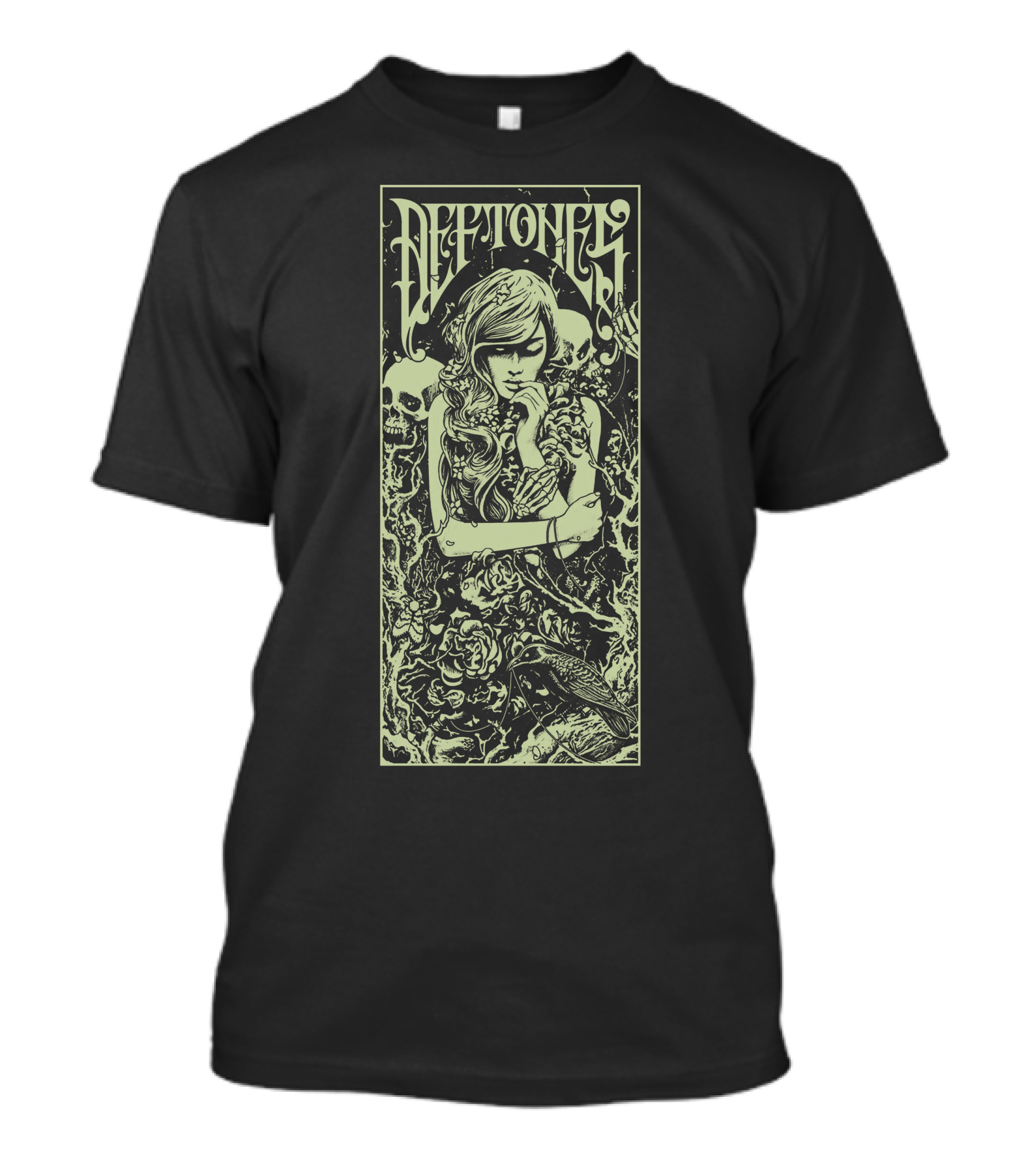 Deftones Artistic Gothic Illustration With Skulls And Floral Details T-Shirt