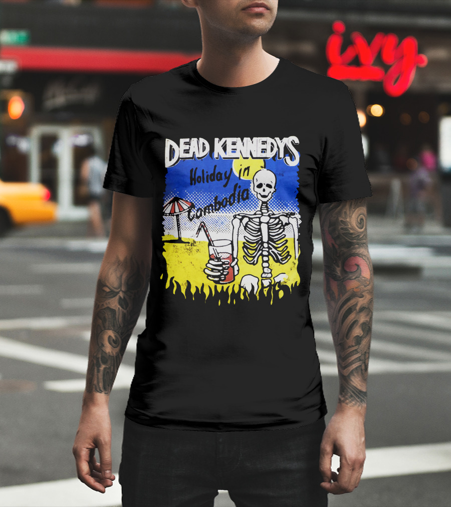 Dead Kennedys Holiday In Cambodia Skeleton Drink Umbrella Scene T-Shirt