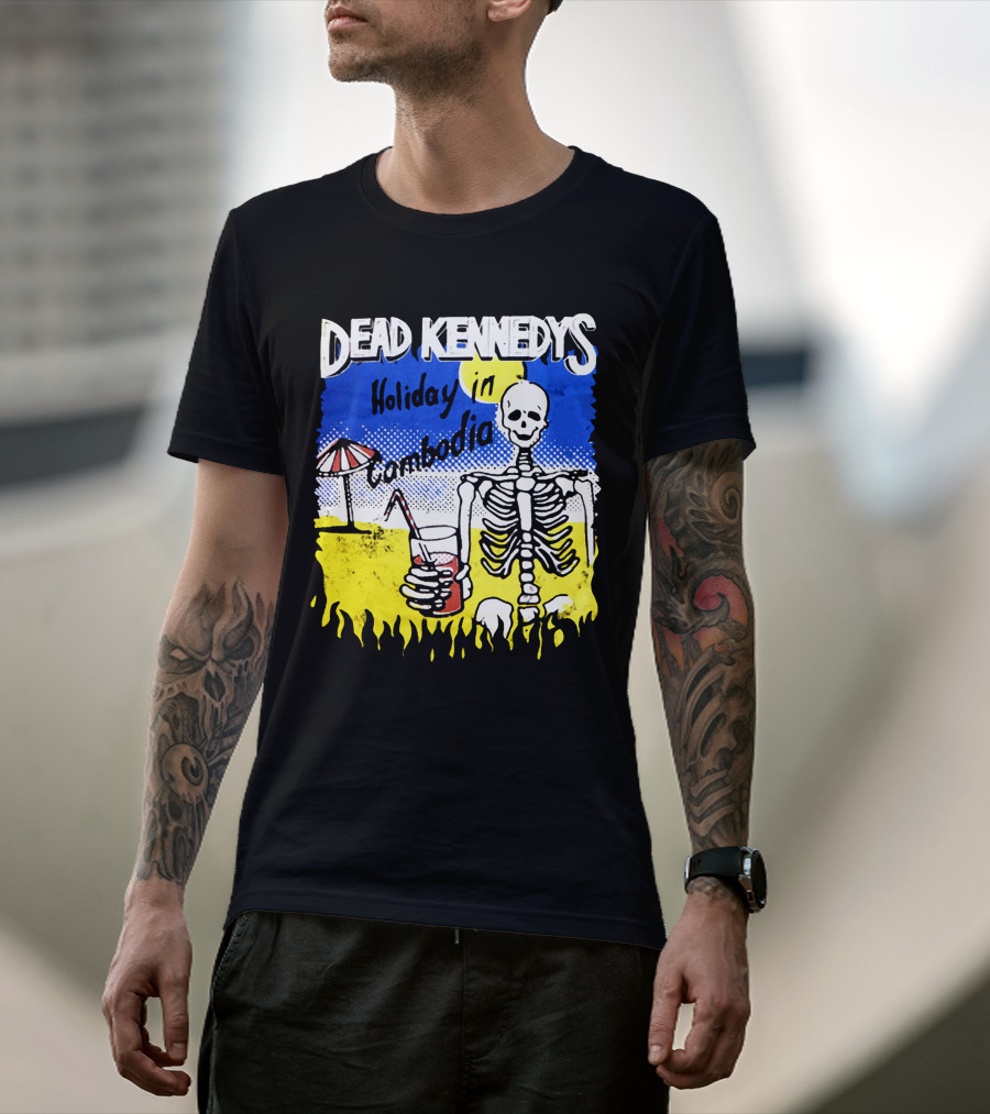 Dead Kennedys Holiday In Cambodia Skeleton Drink Umbrella Scene T-Shirt