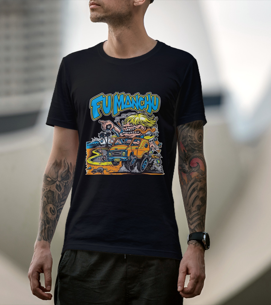 Fu Manchu Surf Adventure Vintage Car Beach Scene T-Shirt
