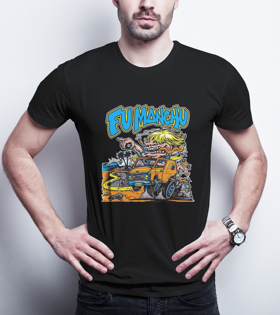 Fu Manchu Surf Adventure Vintage Car Beach Scene T-Shirt