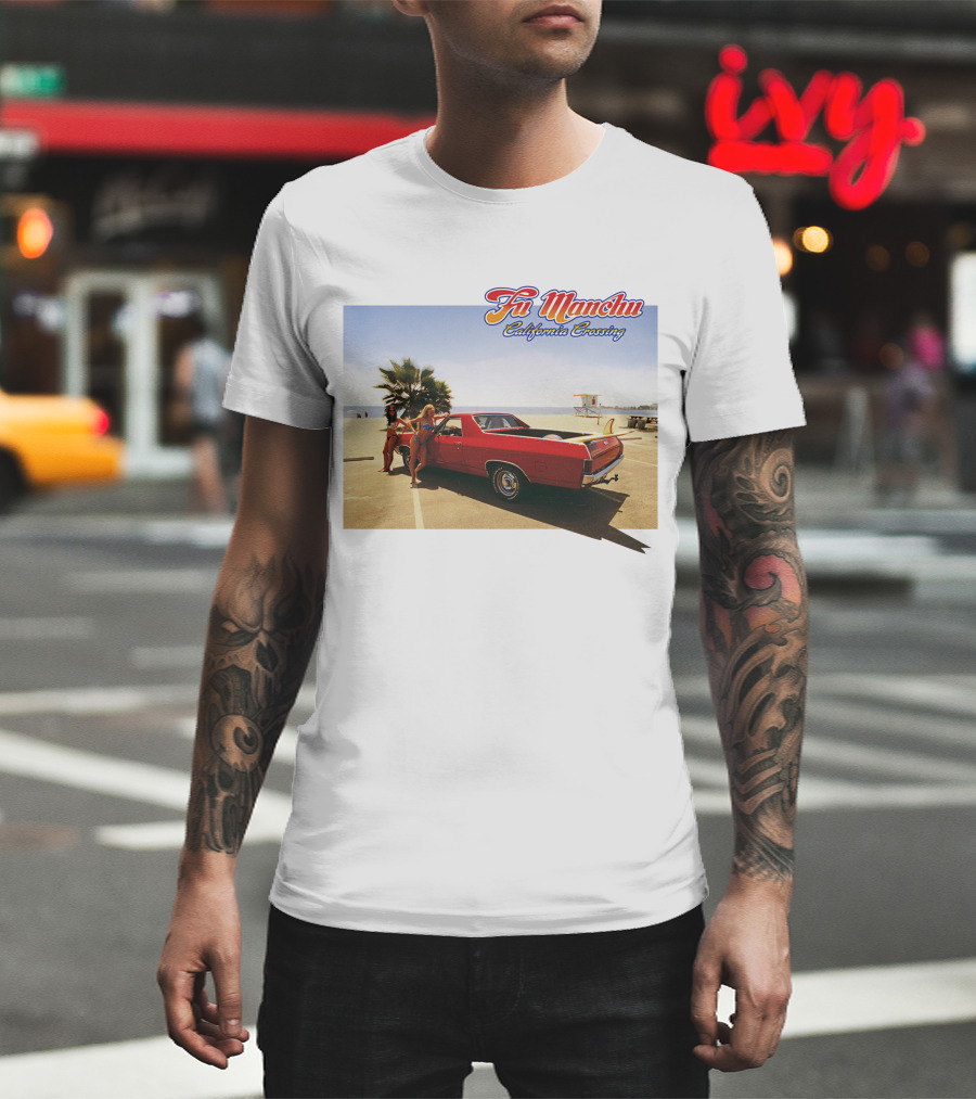 Fu Manchu California Crossing Red Car Beach Scene T-Shirt