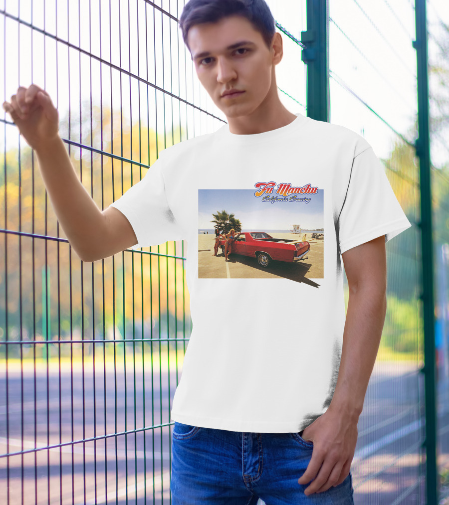 Fu Manchu California Crossing Red Car Beach Scene T-Shirt