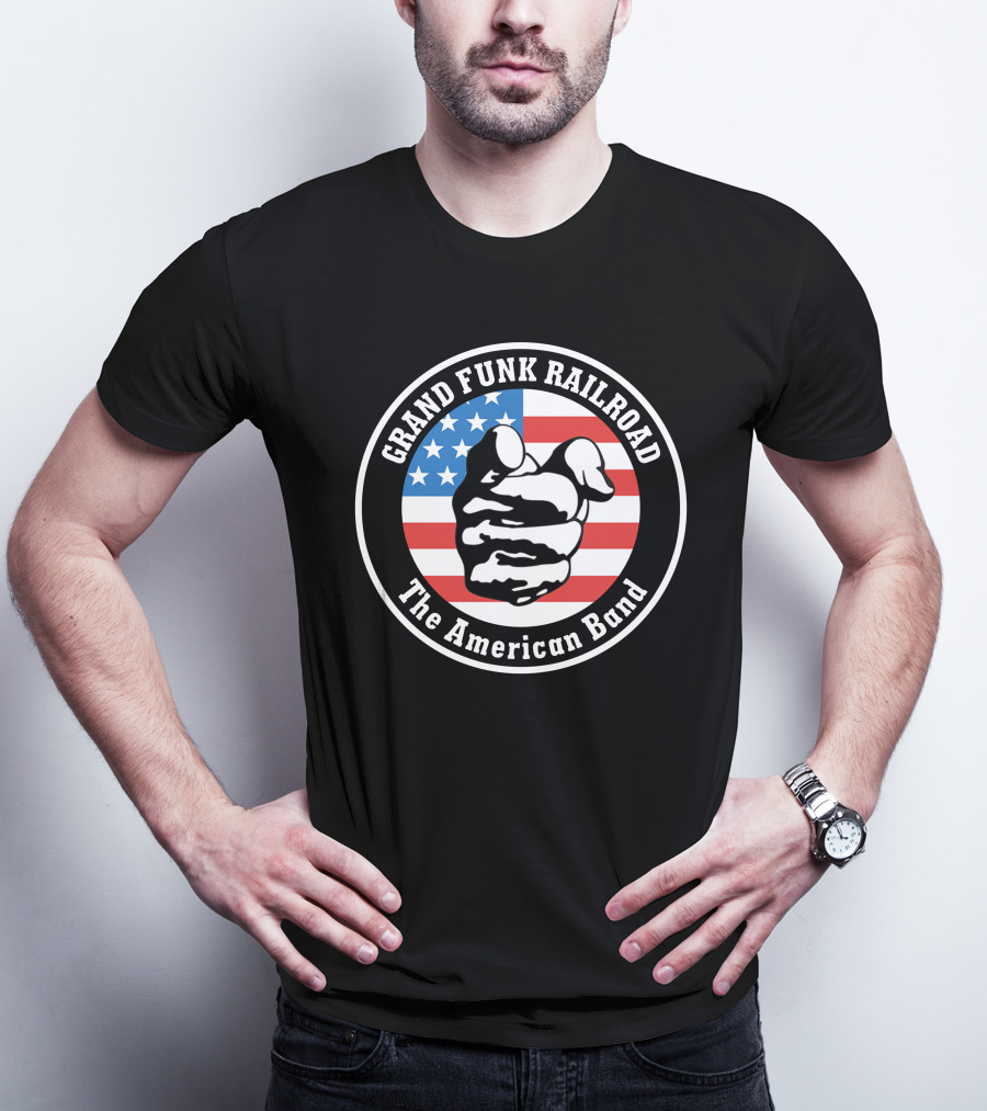 Grand Funk Railroad The American Band Logo With Pointing Hand On Usa Flag T-Shirt