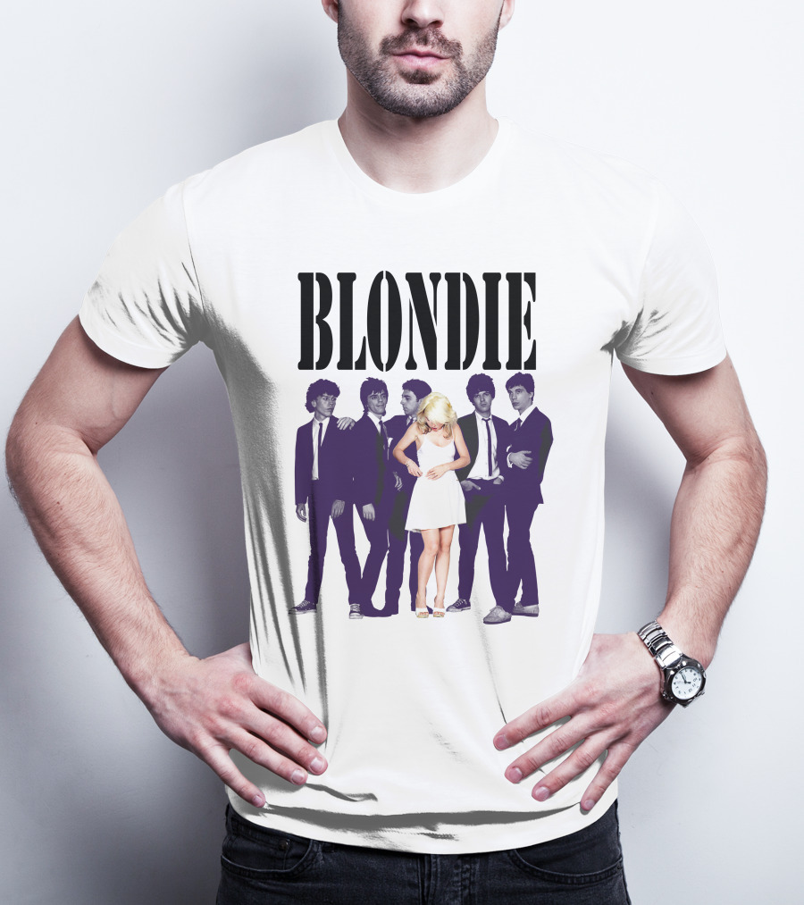Blondie Band Classic Group Pose Black And White Borderline White Dress T-Shirt