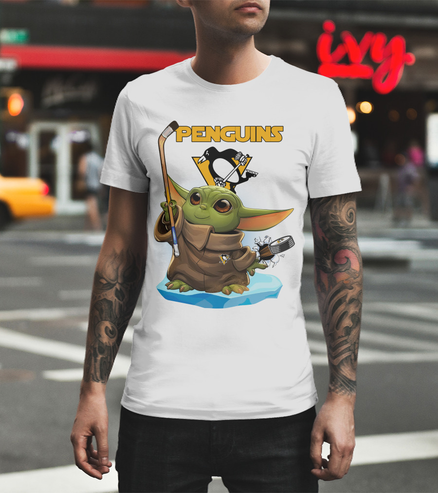 Baby Yoda Holding Hockey Stick With Pittsburgh Penguins T-Shirt