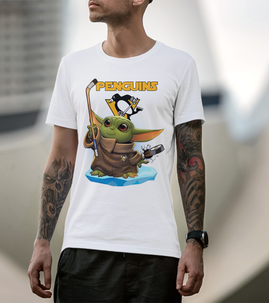 Baby Yoda Holding Hockey Stick With Pittsburgh Penguins T-Shirt