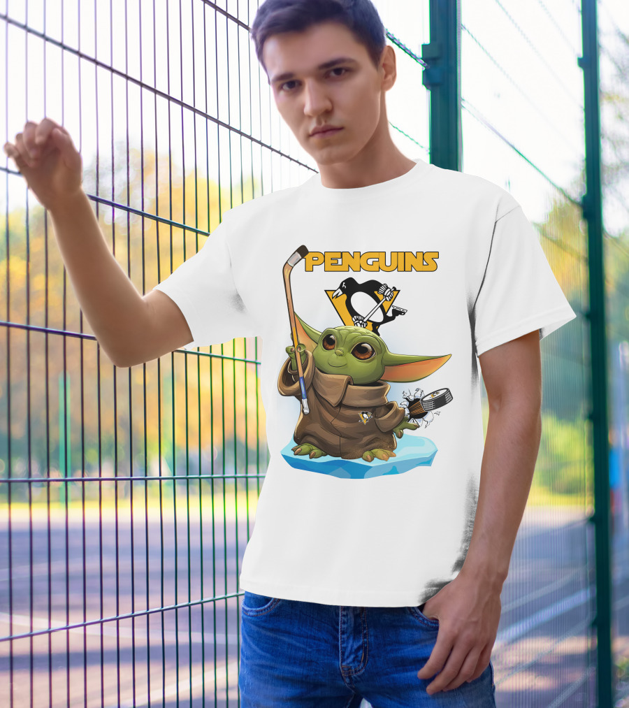 Baby Yoda Holding Hockey Stick With Pittsburgh Penguins T-Shirt