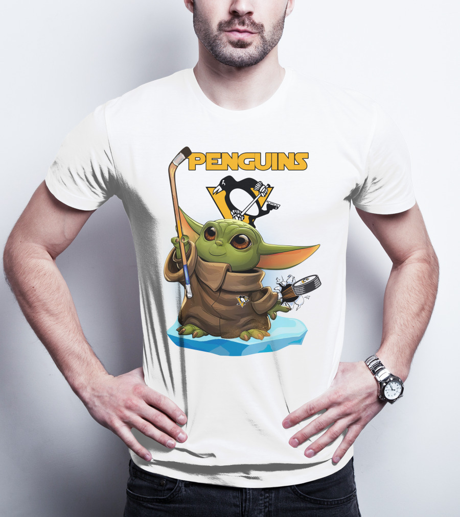 Baby Yoda Holding Hockey Stick With Pittsburgh Penguins T-Shirt