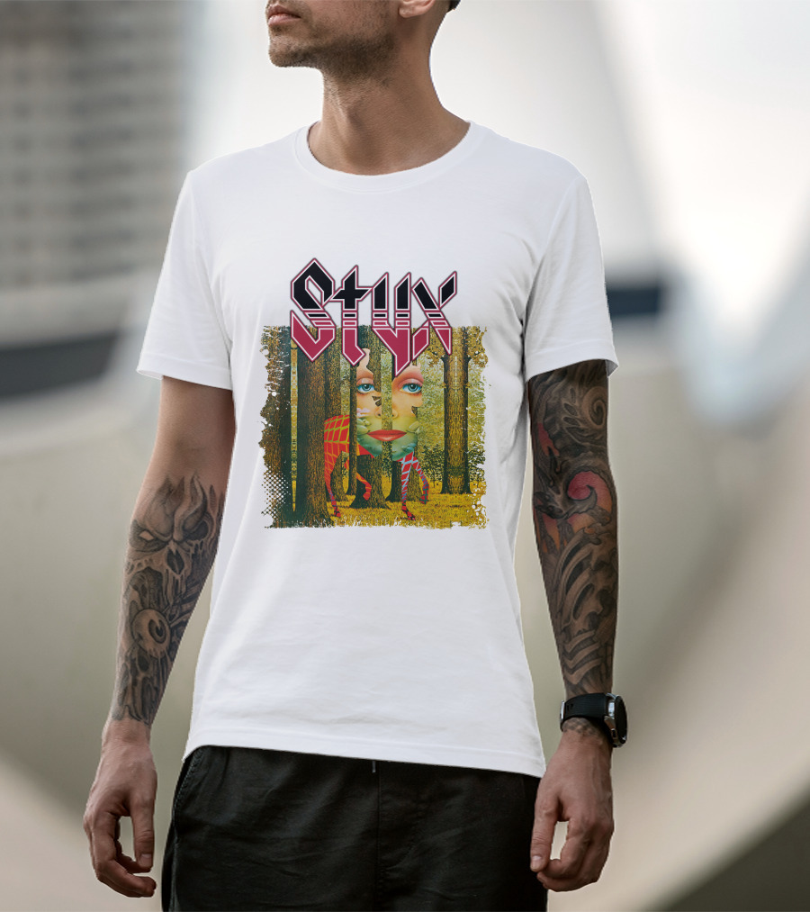Styx Forest Face With Stylized Red Typography T-Shirt