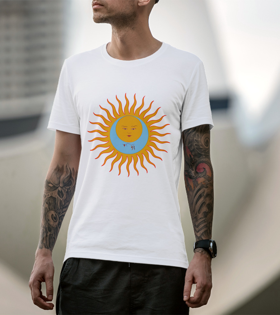 Crimson Red Sun Face Icon On Blue And Orange T-Shirt