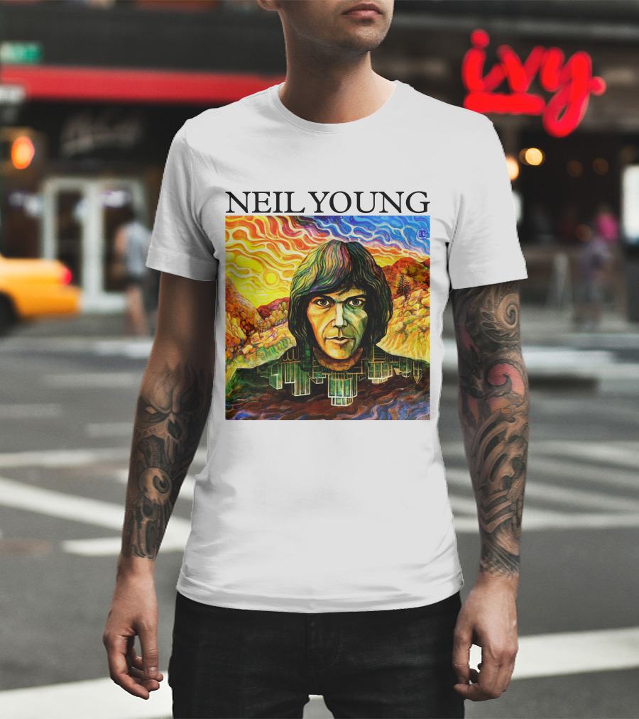 Neil Young Vibrant Portrait And Cityscape Fusion T-Shirt
