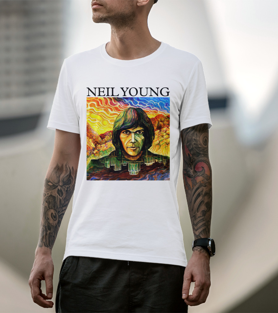 Neil Young Vibrant Portrait And Cityscape Fusion T-Shirt