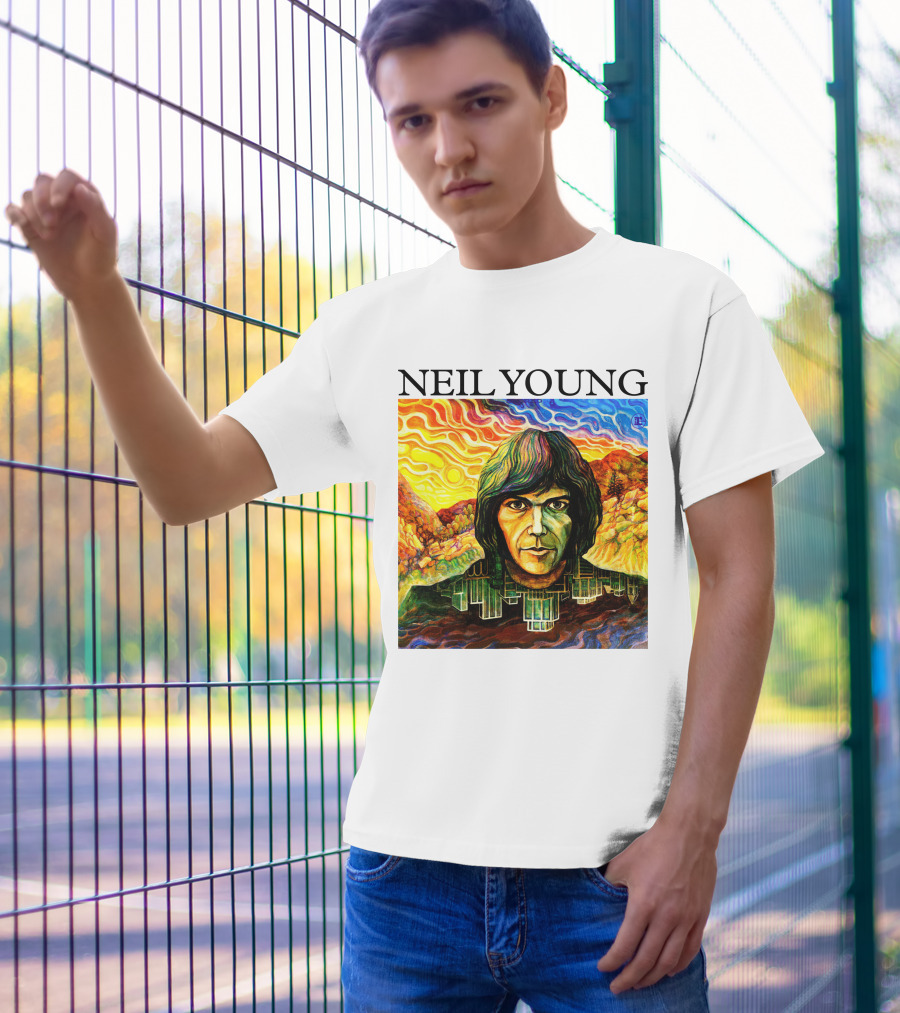 Neil Young Vibrant Portrait And Cityscape Fusion T-Shirt