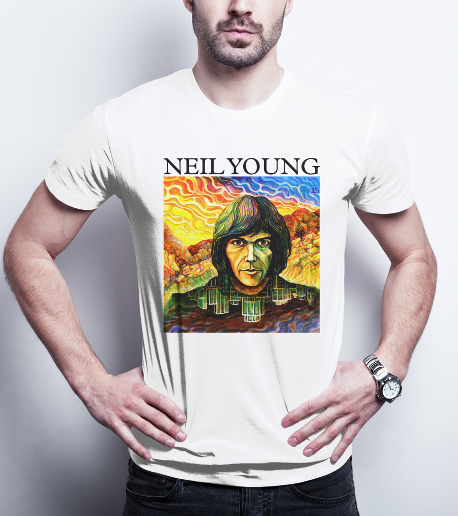 Neil Young Vibrant Portrait And Cityscape Fusion T-Shirt