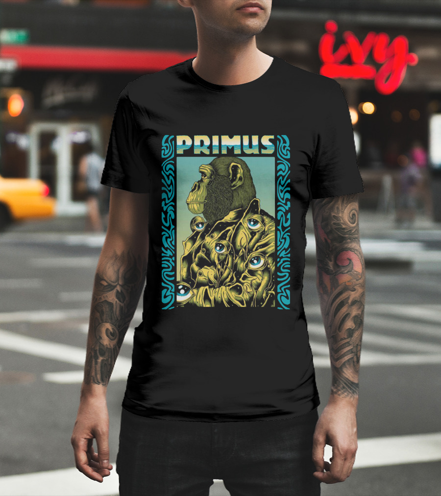 Primus Surrealist Monkey With Eyes And Tribal Border T-Shirt
