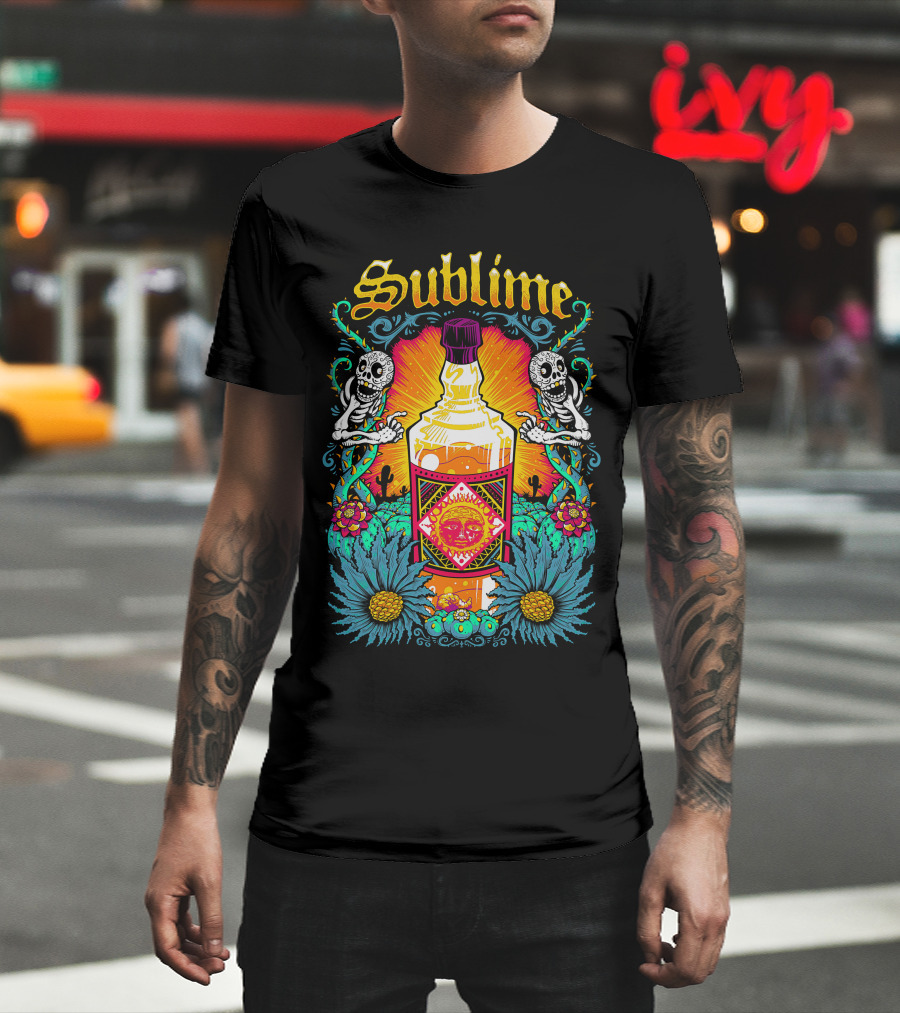 Sublime Skeletons And Cactus With Bottle Sunburst T-Shirt