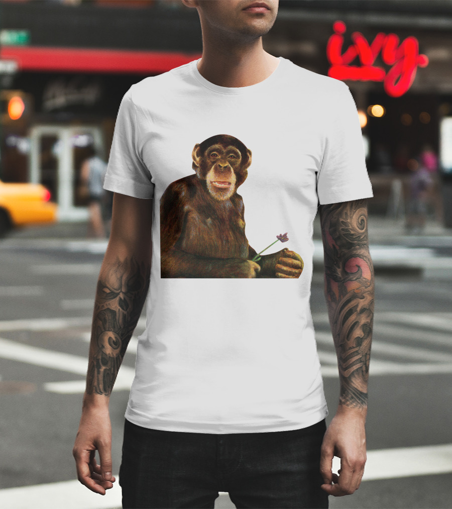 Chimpanzee Holding Purple Flower T-Shirt