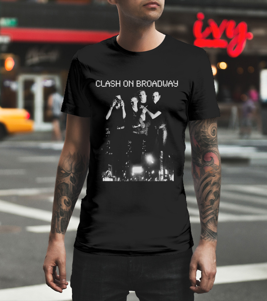 Clash On Broadway Band Night Black And White Street Scene T-Shirt