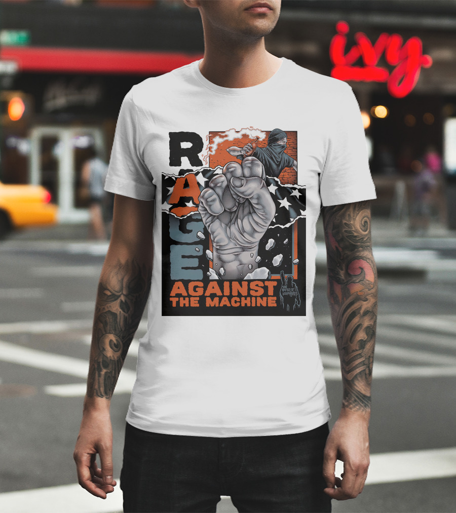 Rage Against The Machine Fist With Star Pattern And Hooded Figure T-Shirt