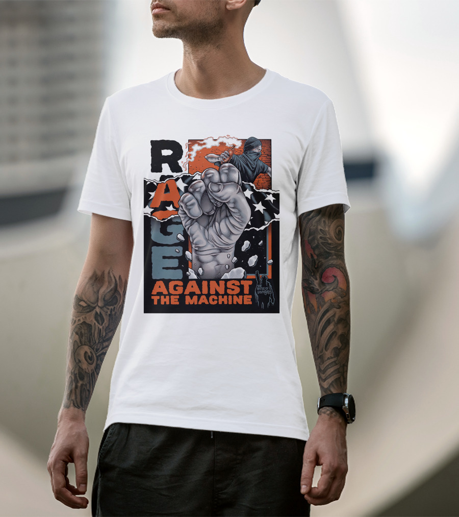 Rage Against The Machine Fist With Star Pattern And Hooded Figure T-Shirt
