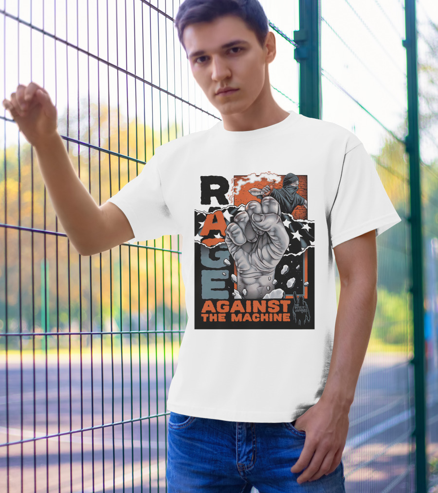 Rage Against The Machine Fist With Star Pattern And Hooded Figure T-Shirt
