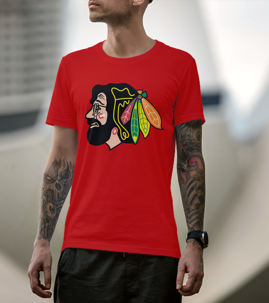 Chicago Blackhawks 1 Portrait With Feathered Headdress On Red T-Shirt