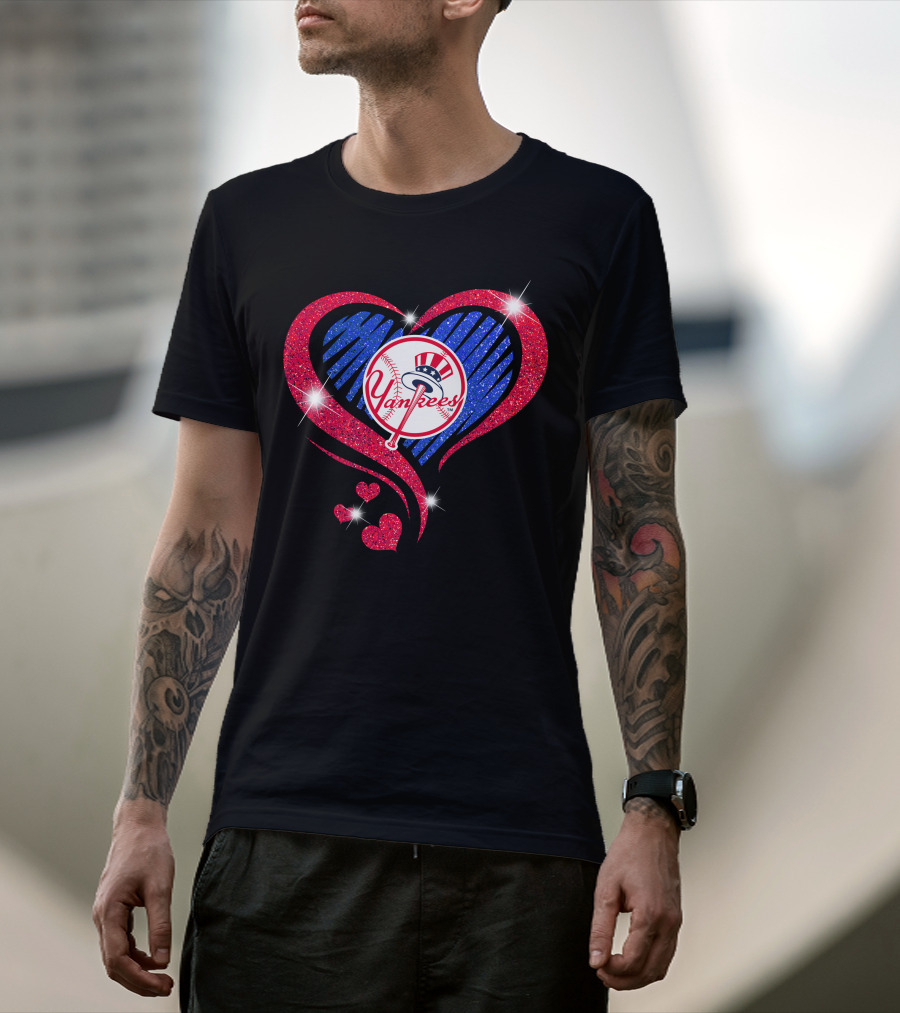 Yankees Shimmering Heart Design With Baseball Logo And Sparkling Red And Blue Elements T-Shirt