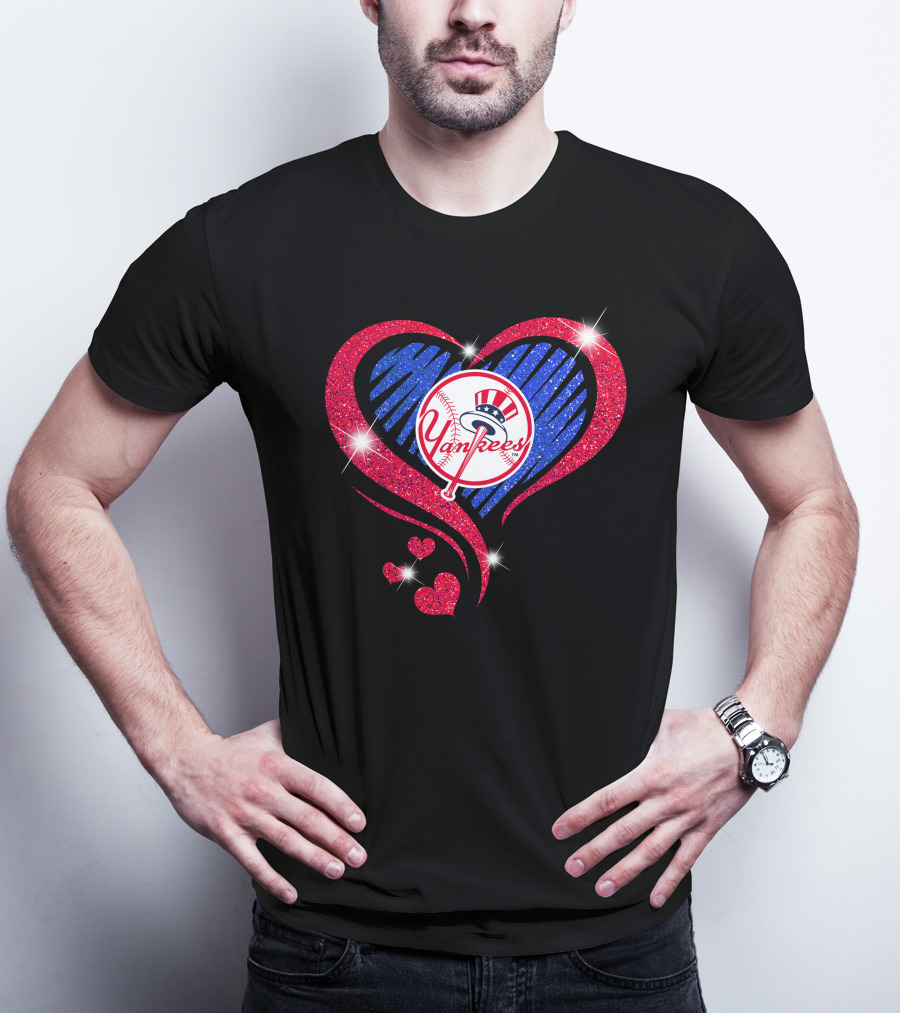 Yankees Shimmering Heart Design With Baseball Logo And Sparkling Red And Blue Elements T-Shirt