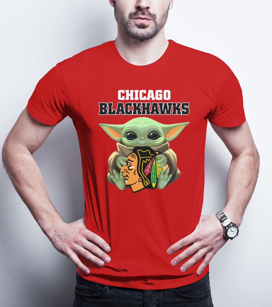 Chicago Blackhawks Baby Yoda Hugging Team T-Shirt