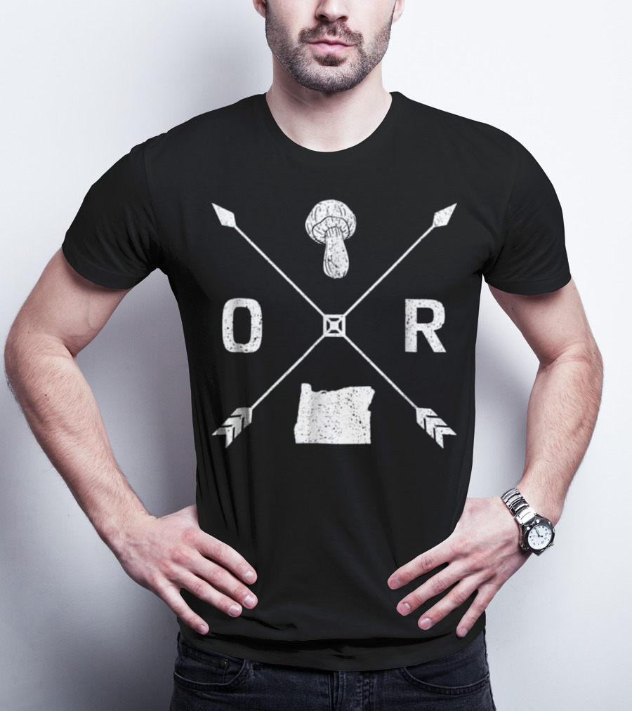 Oregon Morel Mushroom Hunting Graphic Map And Arrow X T-Shirt