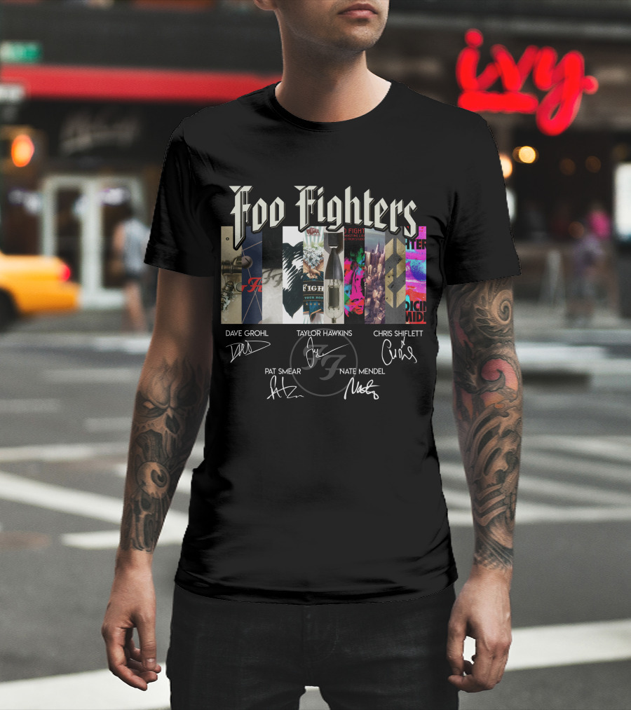 Foo Fighters Album Collage With Band Member Signatures T-Shirt