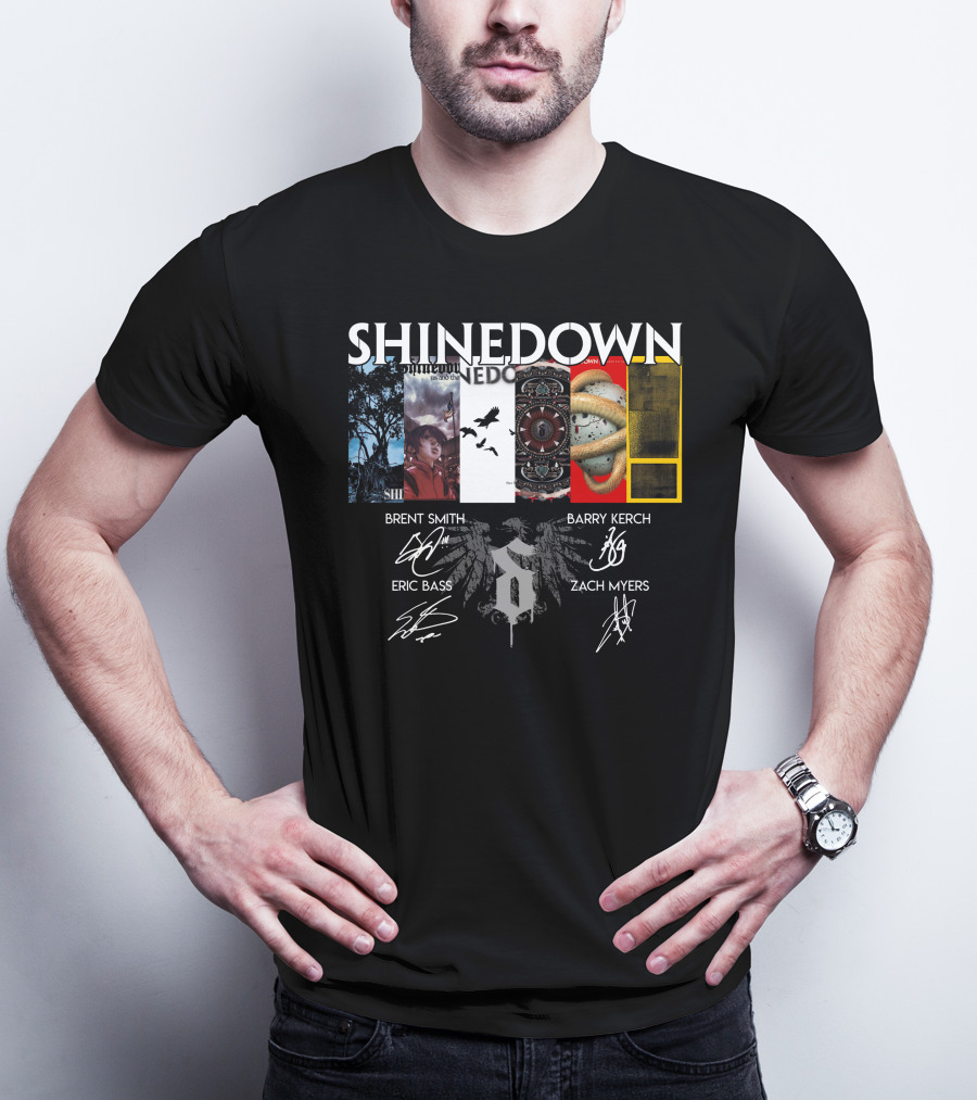 Shinedown Album Covers Brent Smith Barry Kerch Eric Bass Zach Myers Signatures T-Shirt
