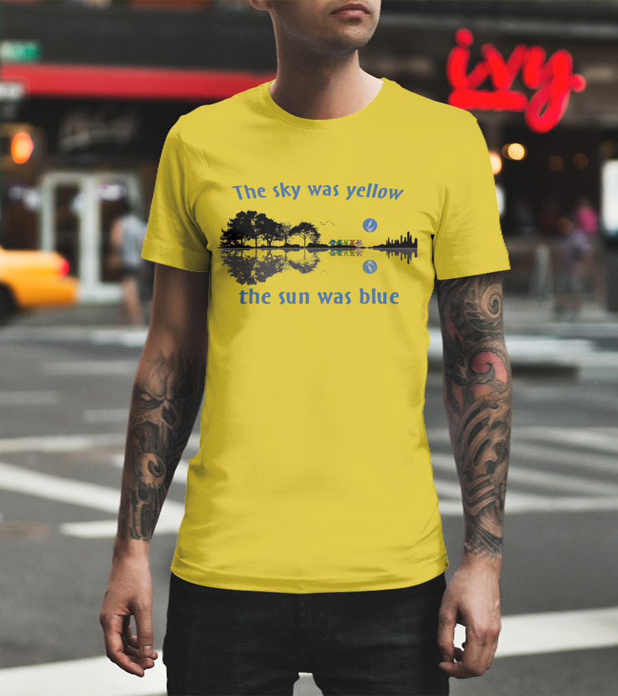 The Sky Was Yellow The Sun Was Blue Reflective Landscape And City Skyline T-Shirt