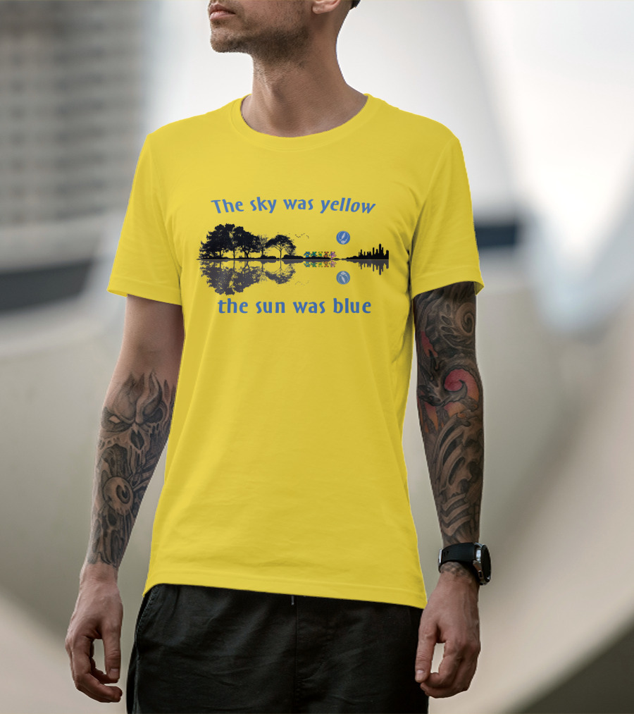 The Sky Was Yellow The Sun Was Blue Reflective Landscape And City Skyline T-Shirt