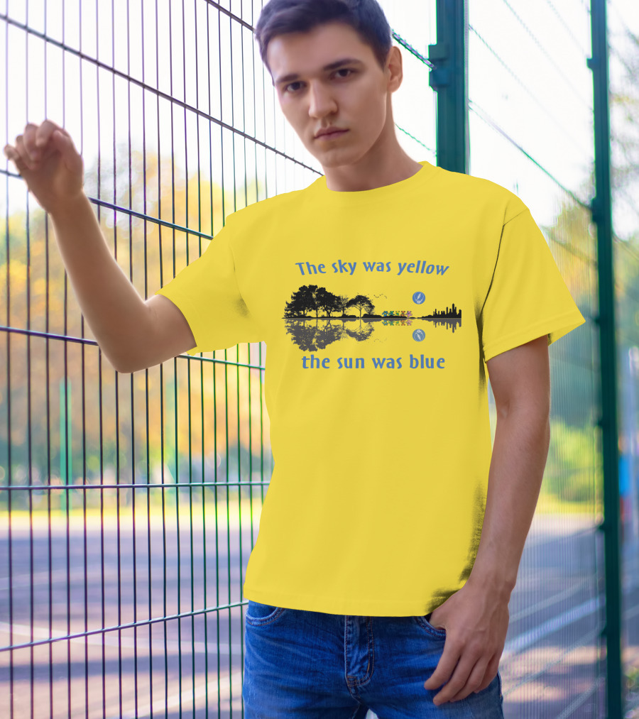 The Sky Was Yellow The Sun Was Blue Reflective Landscape And City Skyline T-Shirt