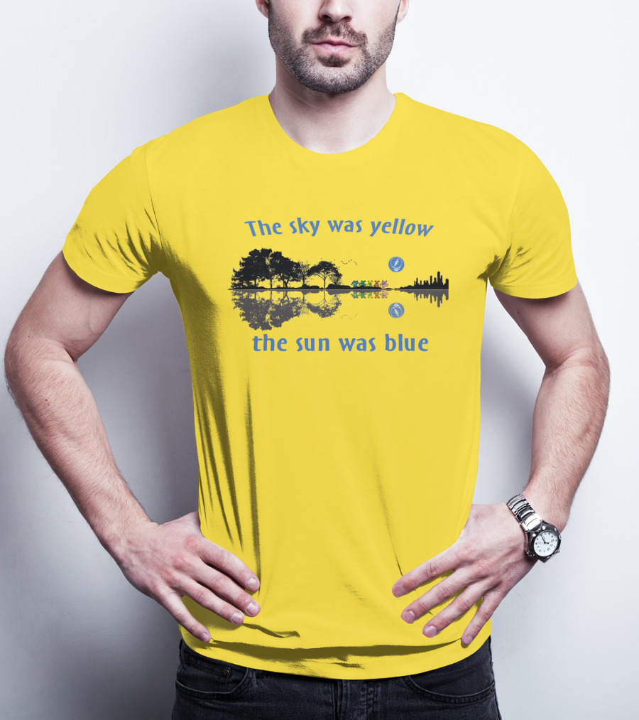 The Sky Was Yellow The Sun Was Blue Reflective Landscape And City Skyline T-Shirt