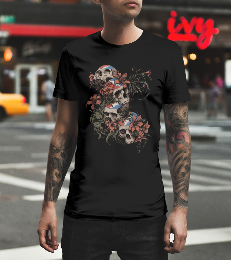 Skull And Floral Grateful Dead Lightning Roses T-Shirt