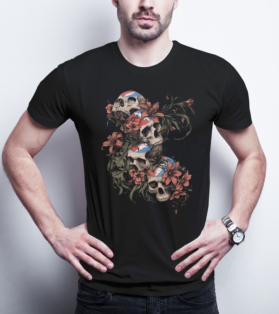 Skull And Floral Grateful Dead Lightning Roses T-Shirt