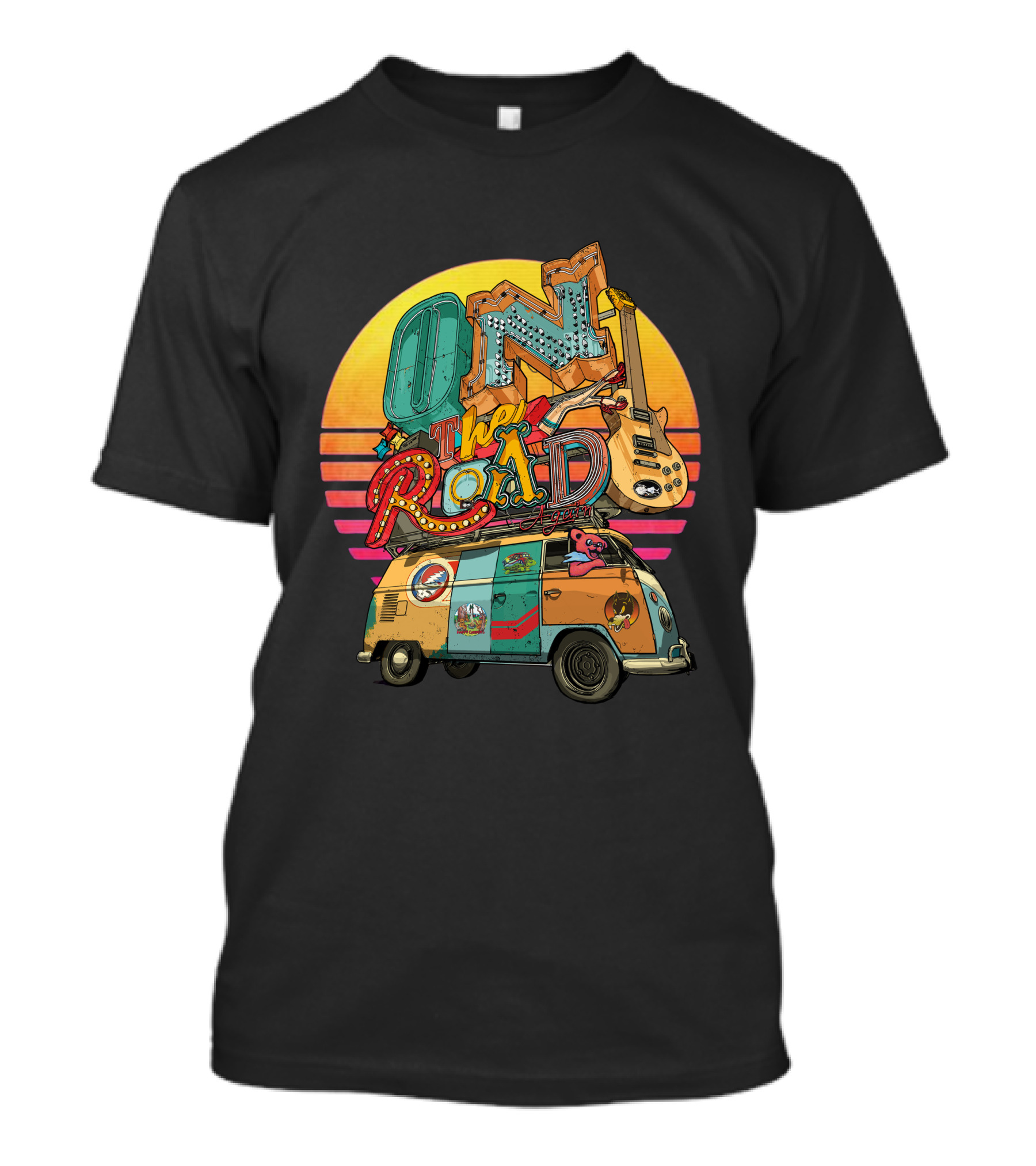 On The Road Retro Sunset Van And Guitar Adventure T-Shirt
