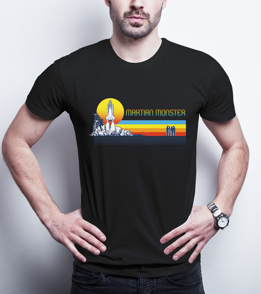 Martian Monster Space Shuttle Launch Rocket Silhouette Retro Sunset T-Shirt