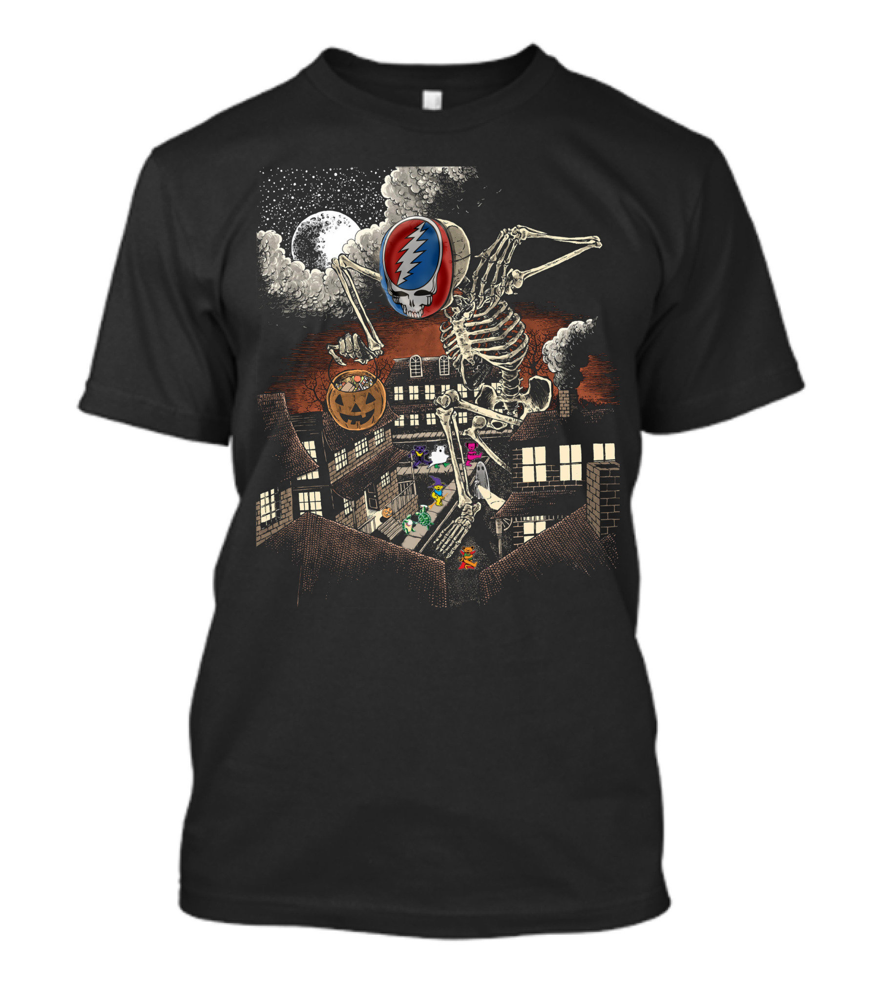Grateful Dead Halloween Skeleton With Pumpkin And Dancing Bears Under Full Moon T-Shirt