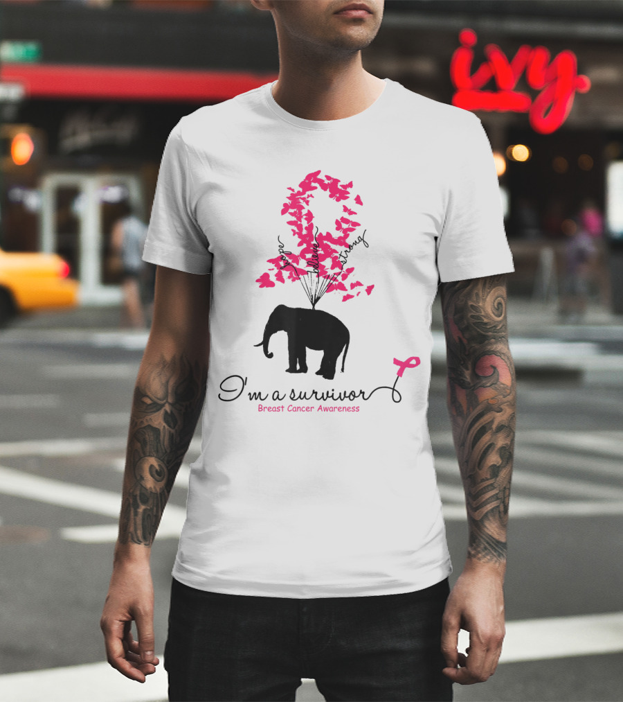 I'm A Survivor Pink Butterfly Elephant Breast Cancer Awareness T-Shirt