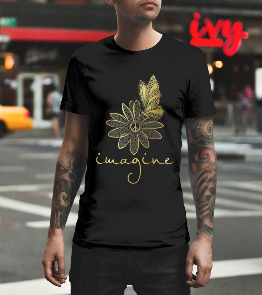 Imagine Flower Butterfly Peace Mandala T-Shirt