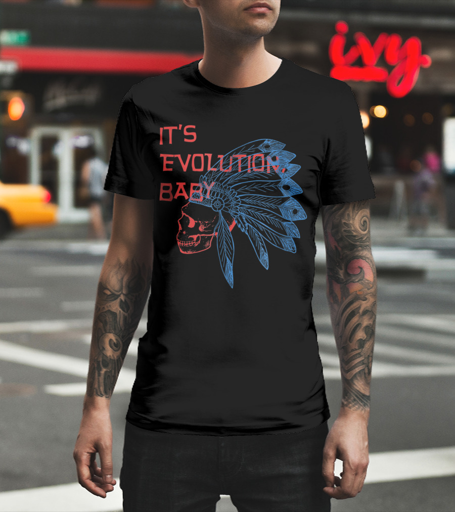 It's Evolution Baby Skull With Feathered Headdress Grunge T-Shirt