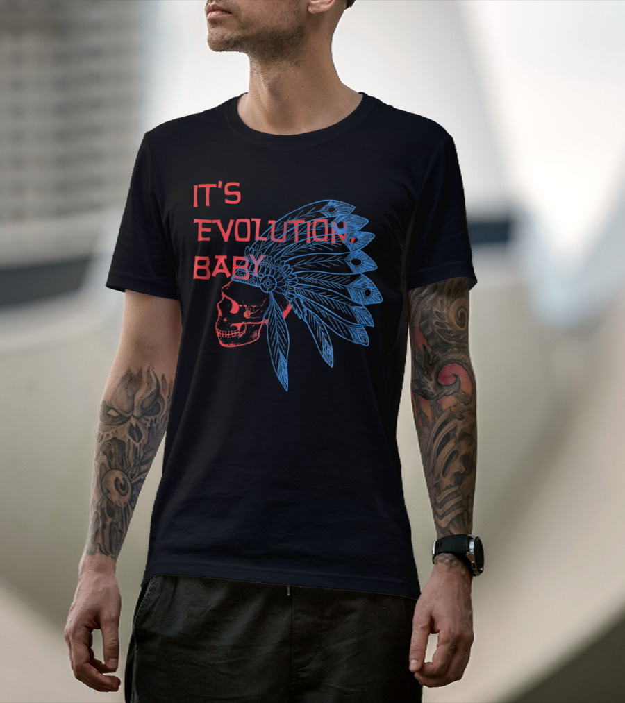 It's Evolution Baby Skull With Feathered Headdress Grunge T-Shirt