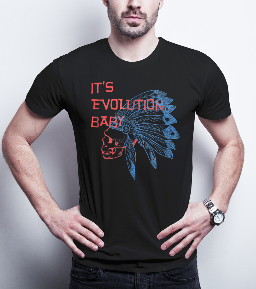 It's Evolution Baby Skull With Feathered Headdress Grunge T-Shirt