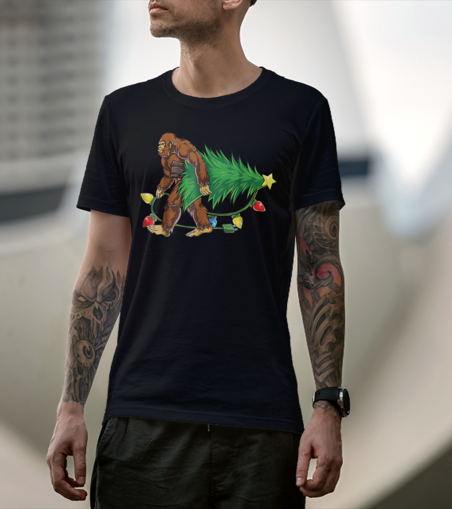 Bigfoot Sasquatch Christmas Tree With Lights Santa4 T-Shirt